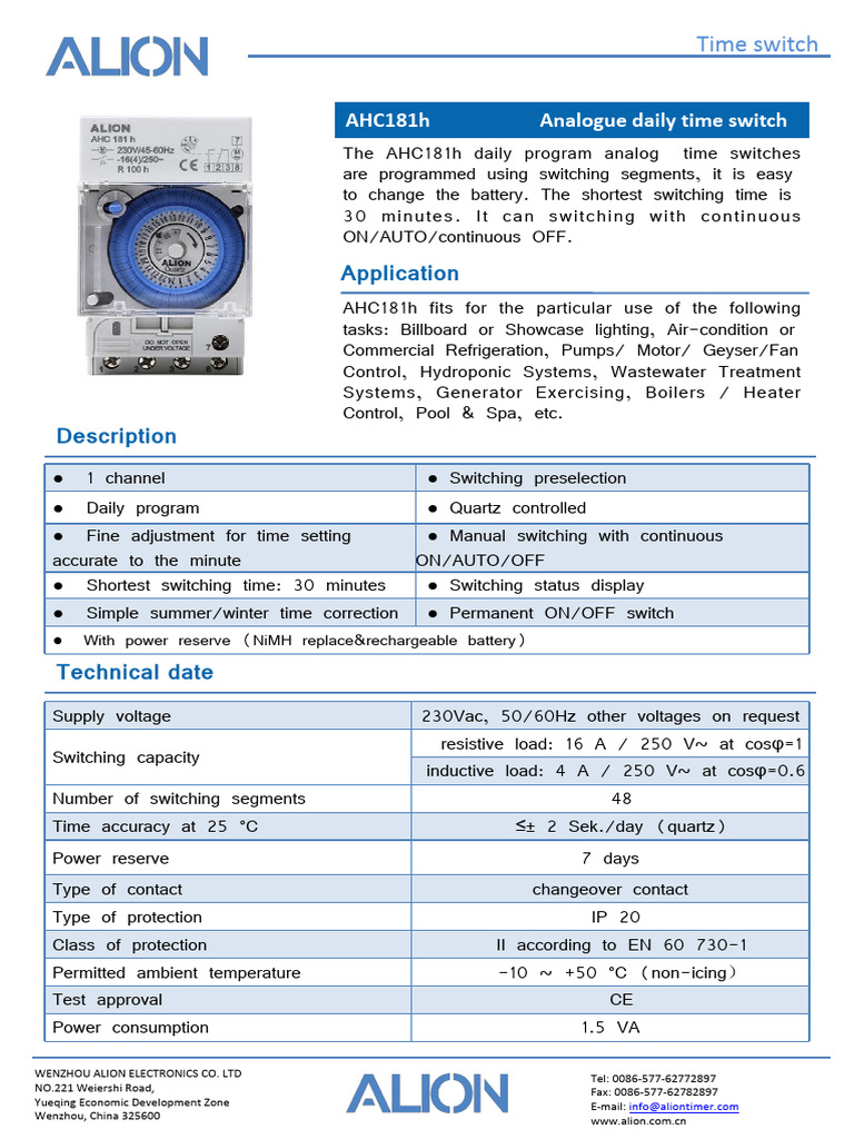 ALION AHC181h programmateur analog | PDF | Mains Electricity | Switch