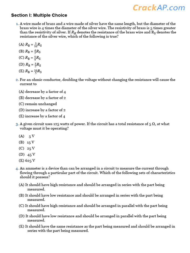 AP Physics Practice Questions | PDF | Capacitor | Series And Parallel ...