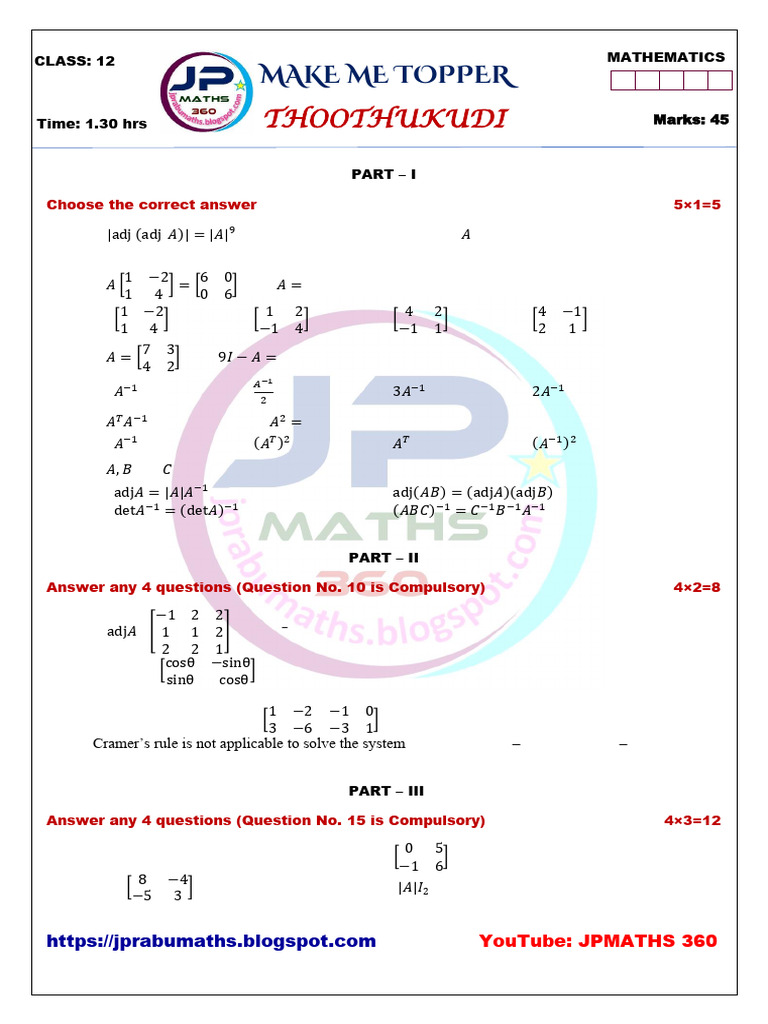 661124465 12th Maths Chapter 1 Question Paper JPRABU MATHS | PDF ...