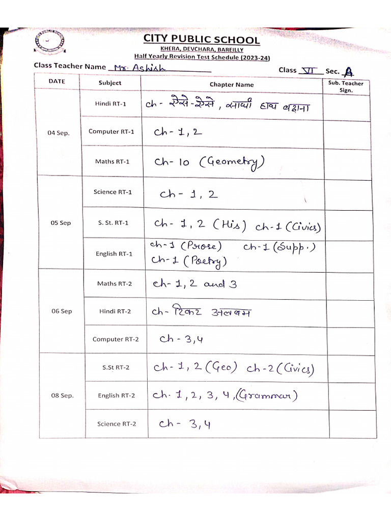 Revision Test Schedule of Class VI A | PDF
