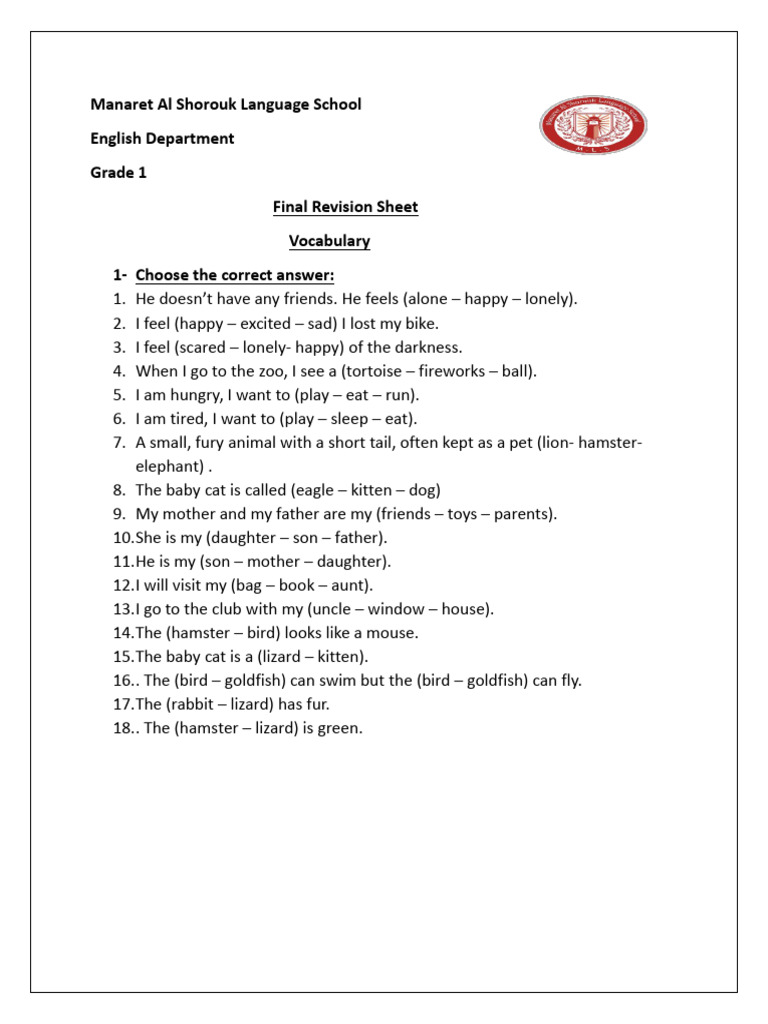 Grade 1 English Vocabulary Revision Sheet | PDF