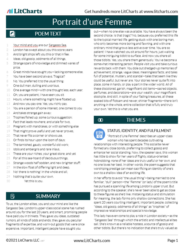 LitCharts Portrait d Une Femme | PDF | Metre (Poetry)
