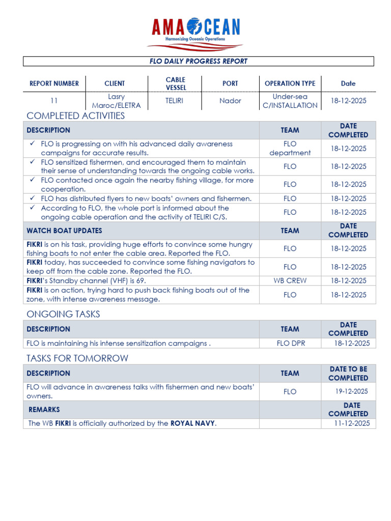 Daily Progress Report: Cable Installation | PDF | Water Transport | Ships