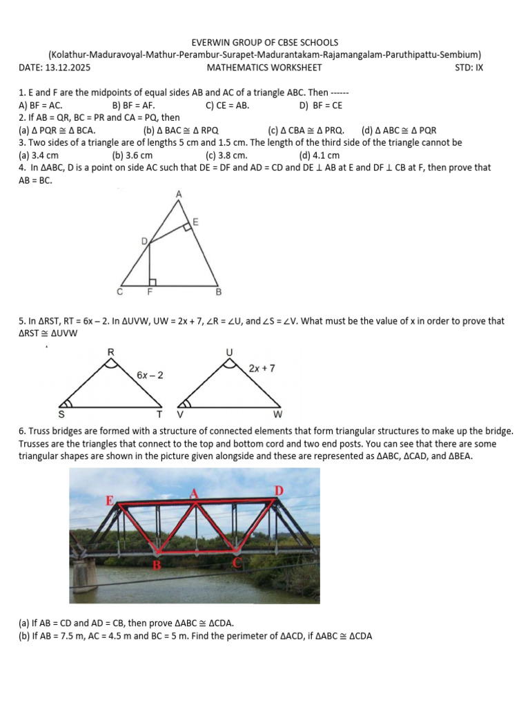 IX Grade Mathematics Worksheet on Triangles | PDF