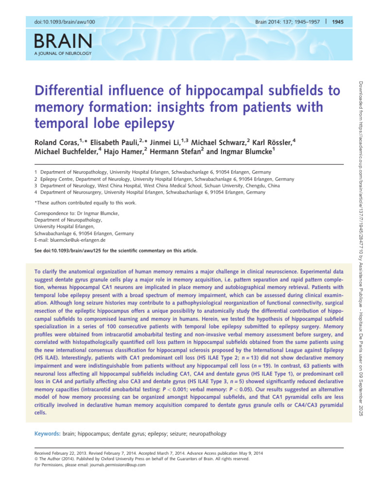 Different Influence of Hippocampus Subfields To Memory Formation | PDF ...
