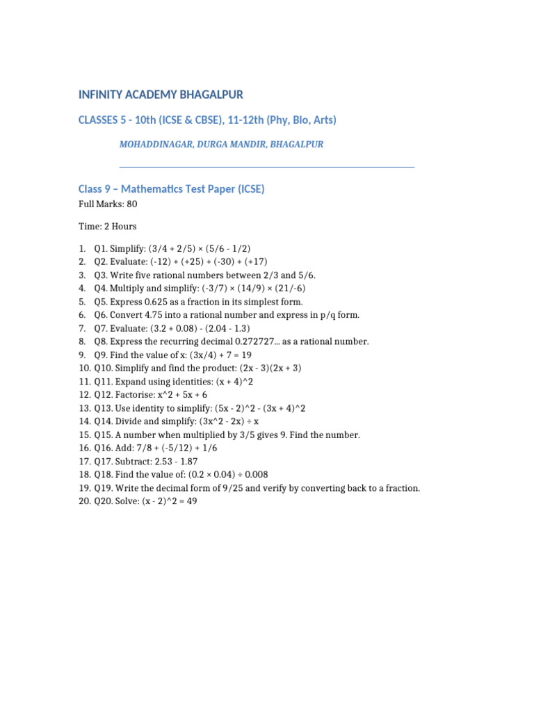 Class9 ICSE Maths Test InfinityAcademy | PDF