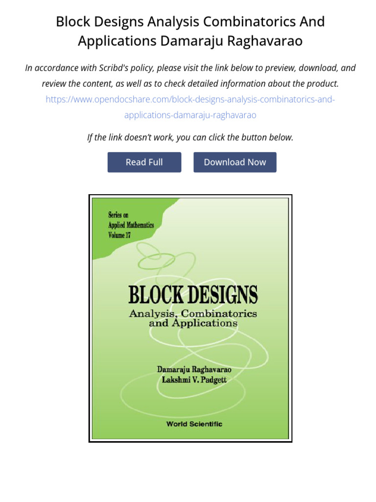 Block Designs Analysis Combinatorics and Applications Damaraju ...