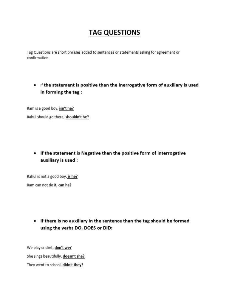 TAG QUESTIONS RULES (1) | PDF | Subject (Grammar) | Semantic Units