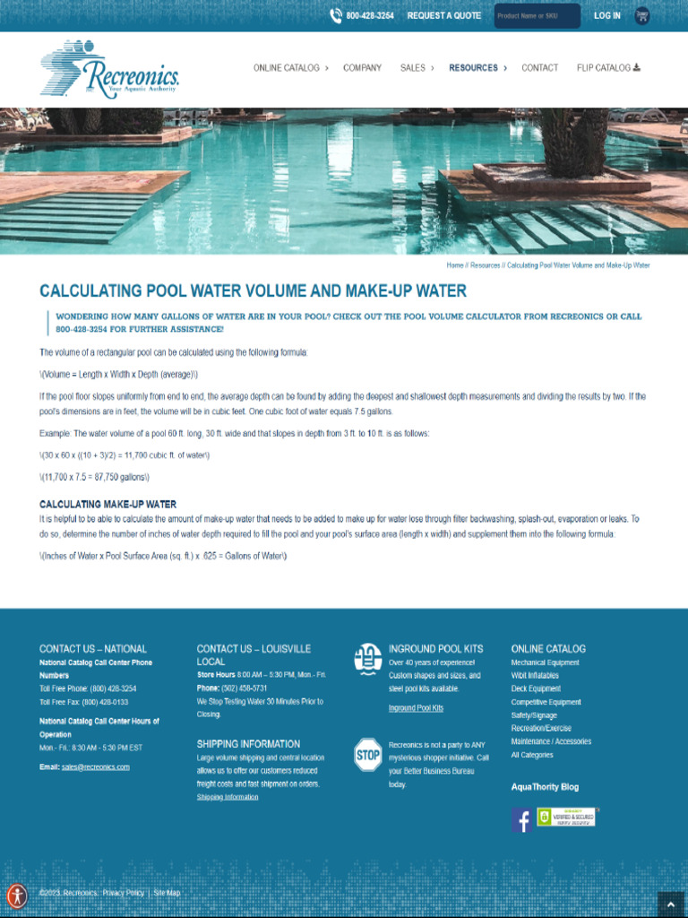 Calculating Swimming Pool Water Volume and Make Up Water | PDF