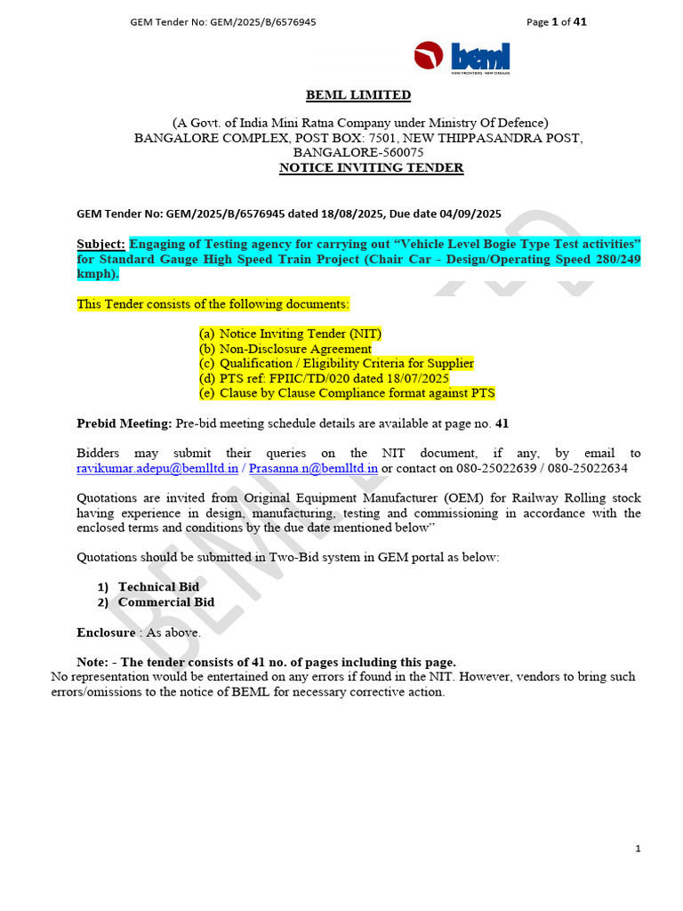 Tender for High-Speed Train Testing Services | PDF | Specification ...