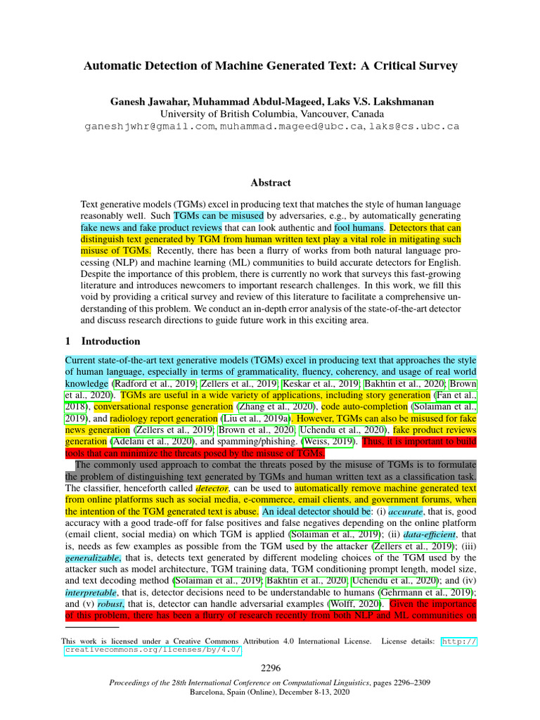 Automatic Detection of Machine Generated Text - A Critical Survey | PDF ...