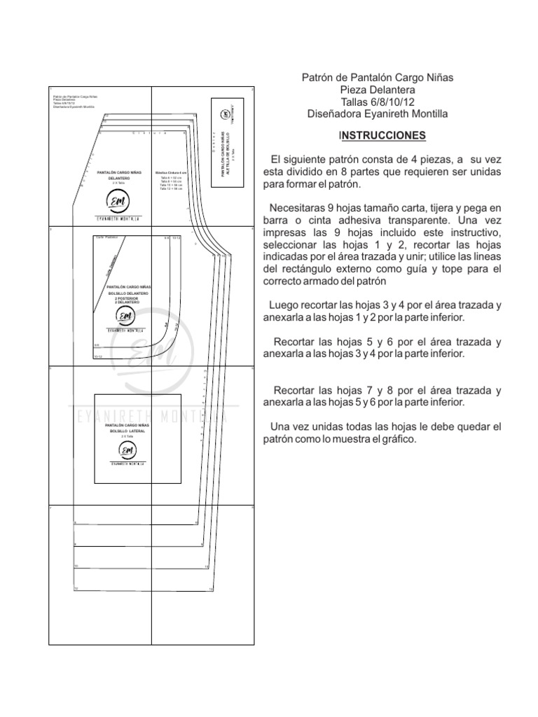 Patron Digital de Pantalon Cargo Niñas (PARTE DELANTERA) para Imprimir ...