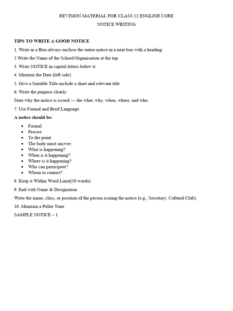 Class 12 English Core Notice Writing Guide | PDF | Résumé