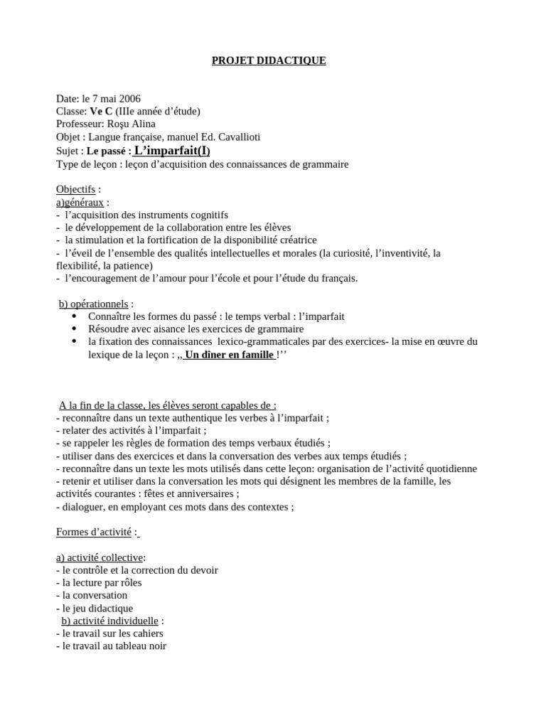 Projet Didactique Limparfait | PDF | Verbe | Linguistique