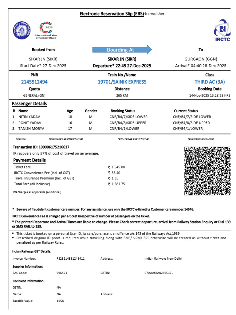 Electronic Reservation Slip for Train Booking | PDF | Identity Document ...