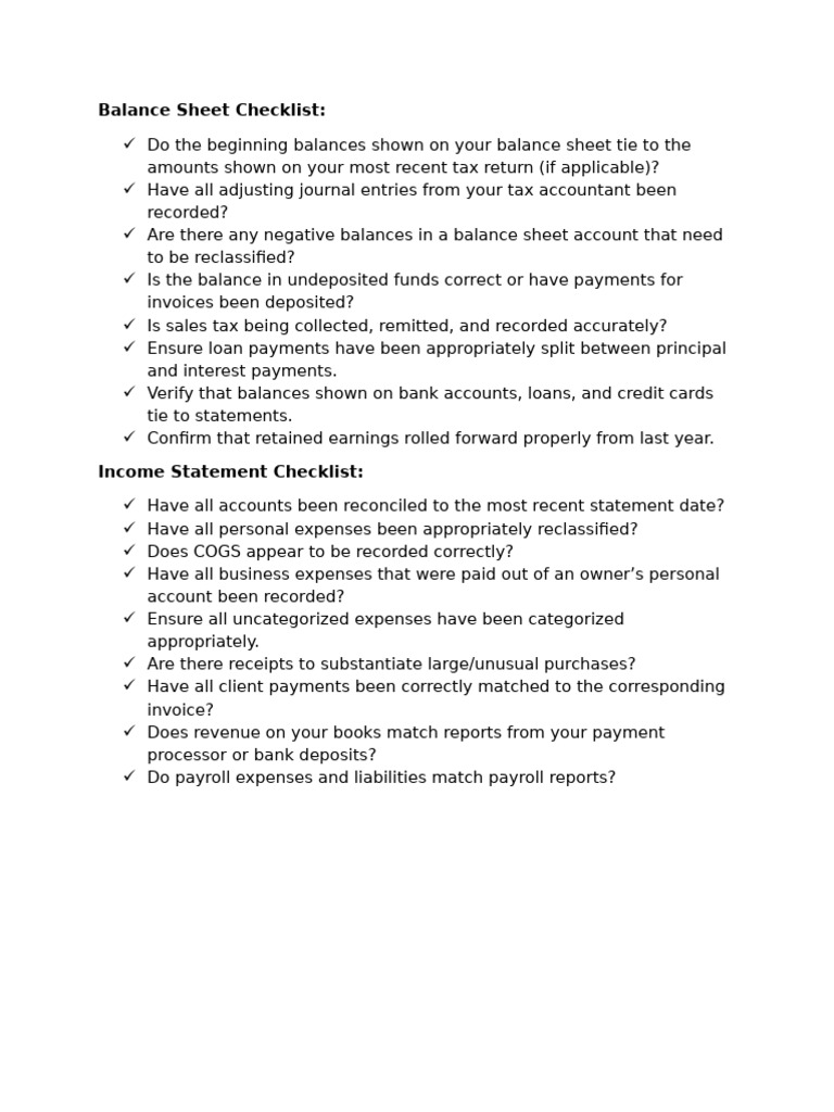 Essential Balance & Income Statement Checklist | PDF