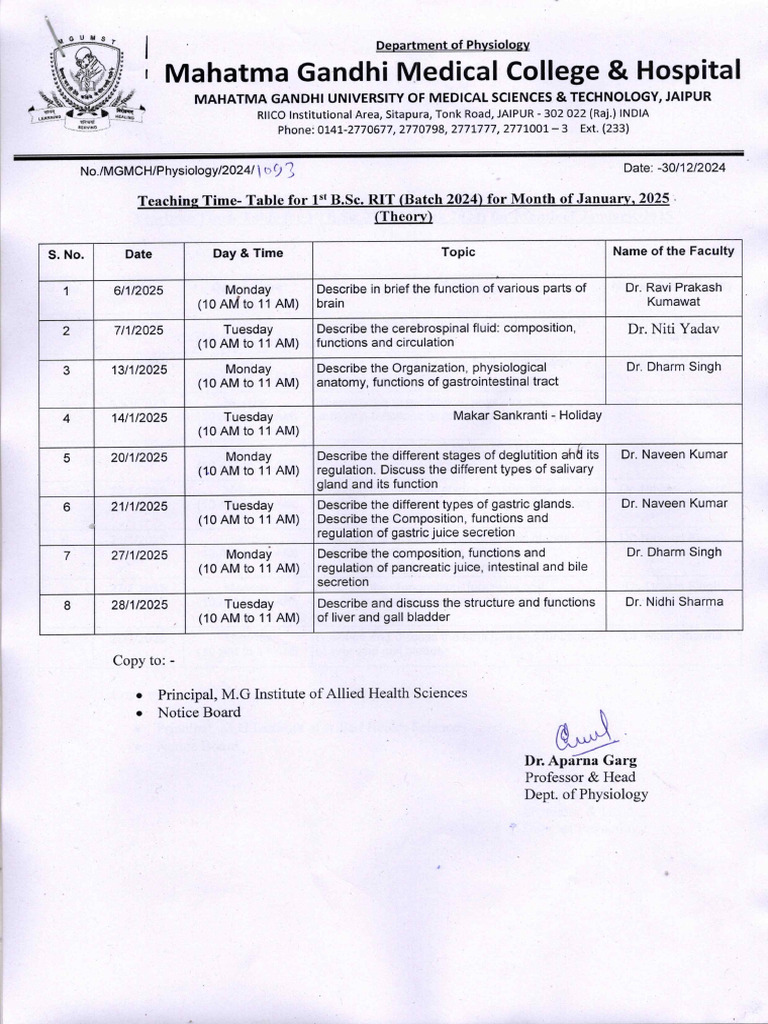 Physiology TIme Table Jan 2025 | PDF