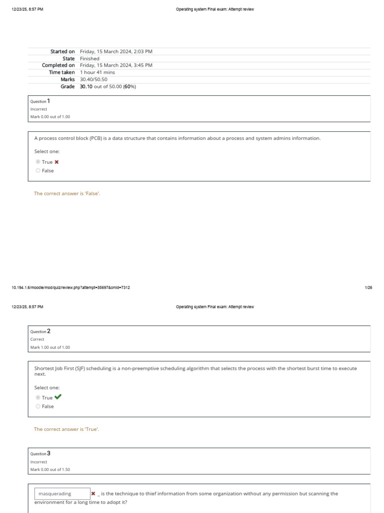 Operating System Final Exam - Attempt Review | PDF | Operating System ...