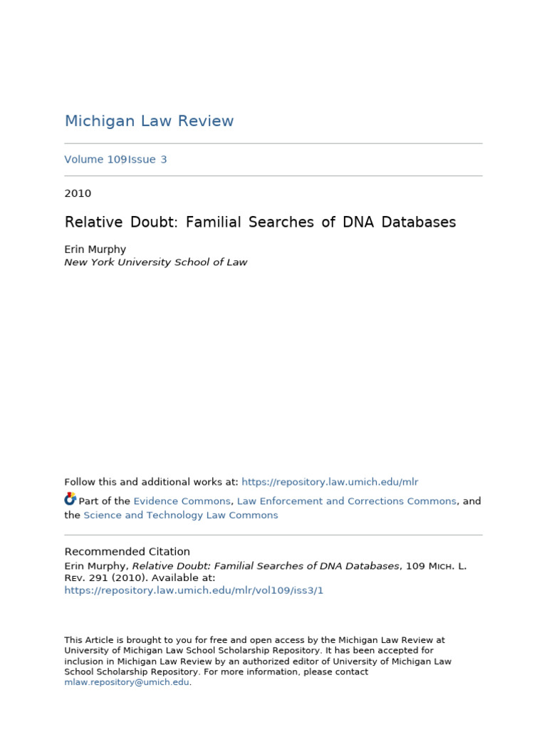 Michigan Law Review: Relative Doubt: Familial Searches of DNA Databases ...