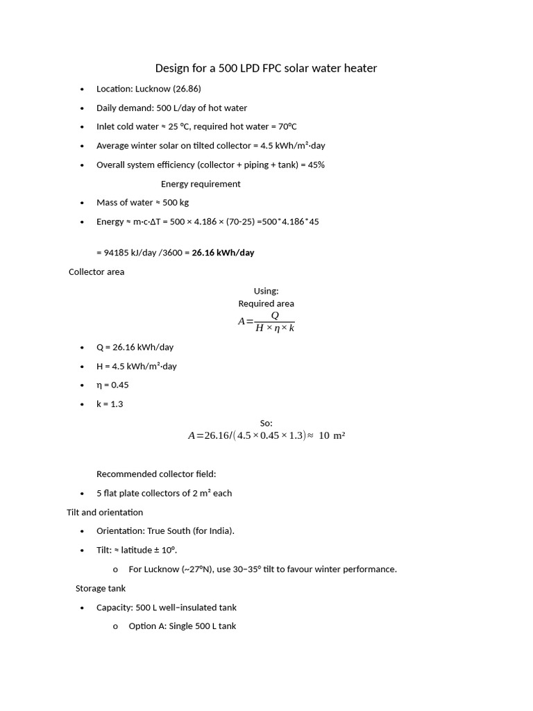 Design for a 500 LPD FPC Solar Water Heater | PDF | Water Heating ...