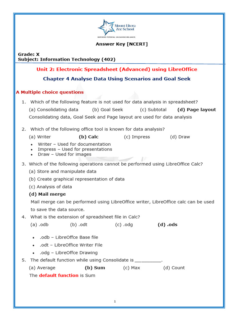 Grade 10_Computers-IT_NCERT_Unit-2. Electronic Spreadsheet | PDF ...