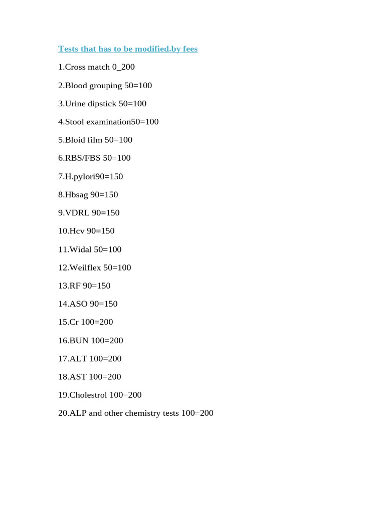 Modified Test Fees List | PDF