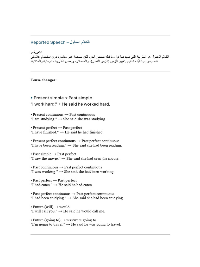 Reported Speech: Tense and Pronoun Changes | PDF | Verb | Languages