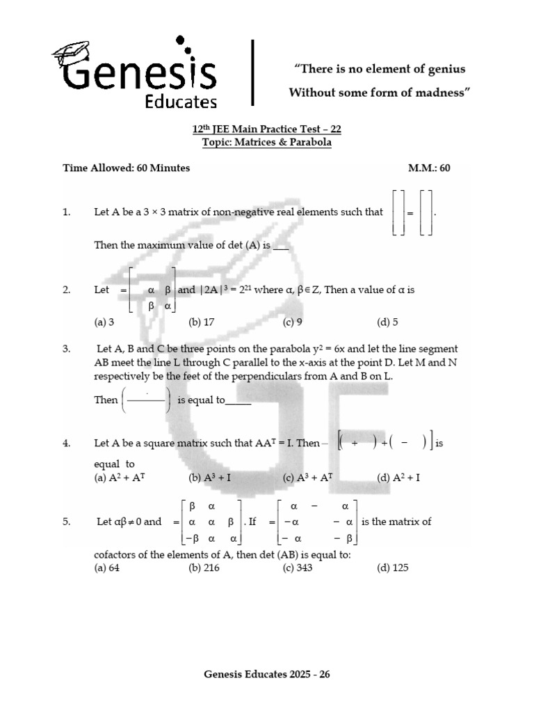 JEE Main Practice Test on Matrices & Parabola | PDF | Matrix ...