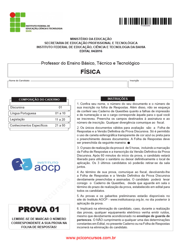 5. Aocp - Ifba Edital 04 de 2016-Prova | PDF | Massa | Iniciativa ...