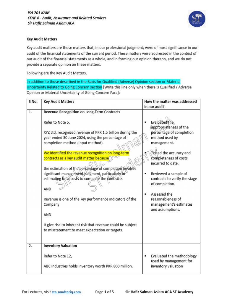 KAM Scenarios Solutions | PDF | Audit | Going Concern