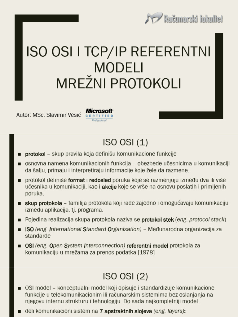 ISO OSI I TCP IP Referentni Modeli. Mrežni Protokoli | PDF