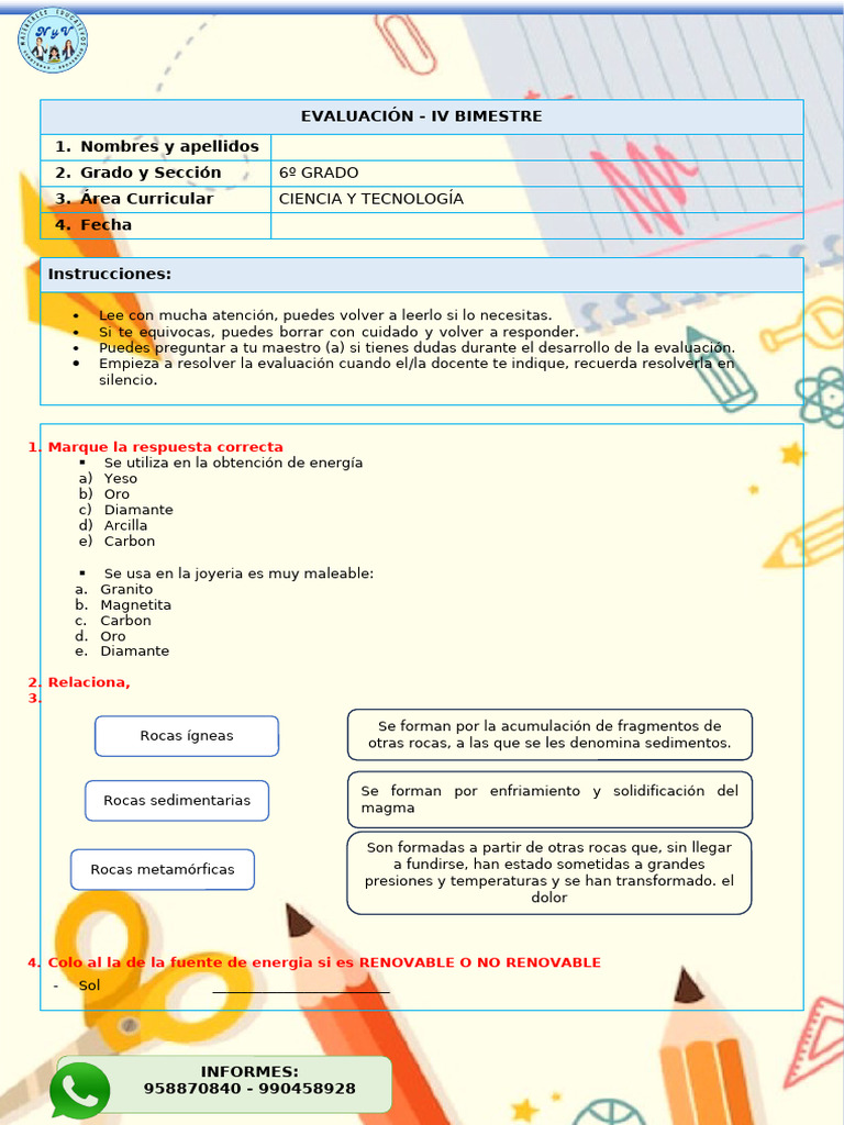 6°-EVALUACIÓN - IV BIMESTRE- CYT | PDF | Roca (geología) | Energía ...