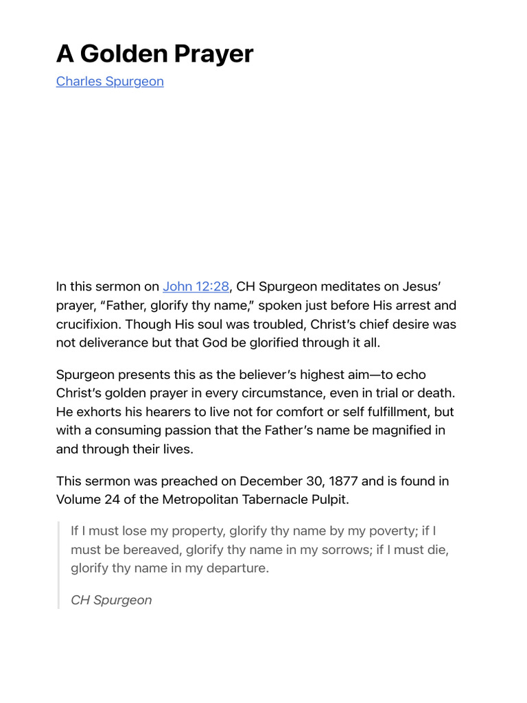 Spurgeon's Golden Prayer Explained | PDF | Glory (Religion) | Jesus
