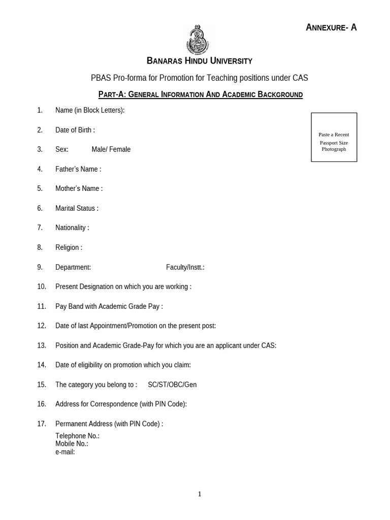 BHU Teaching Promotion Application Form | PDF | Doctor Of Medicine ...