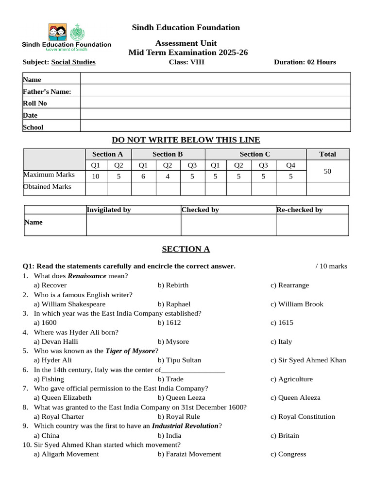 Social Studies Mid Term Exam Class VIII | PDF