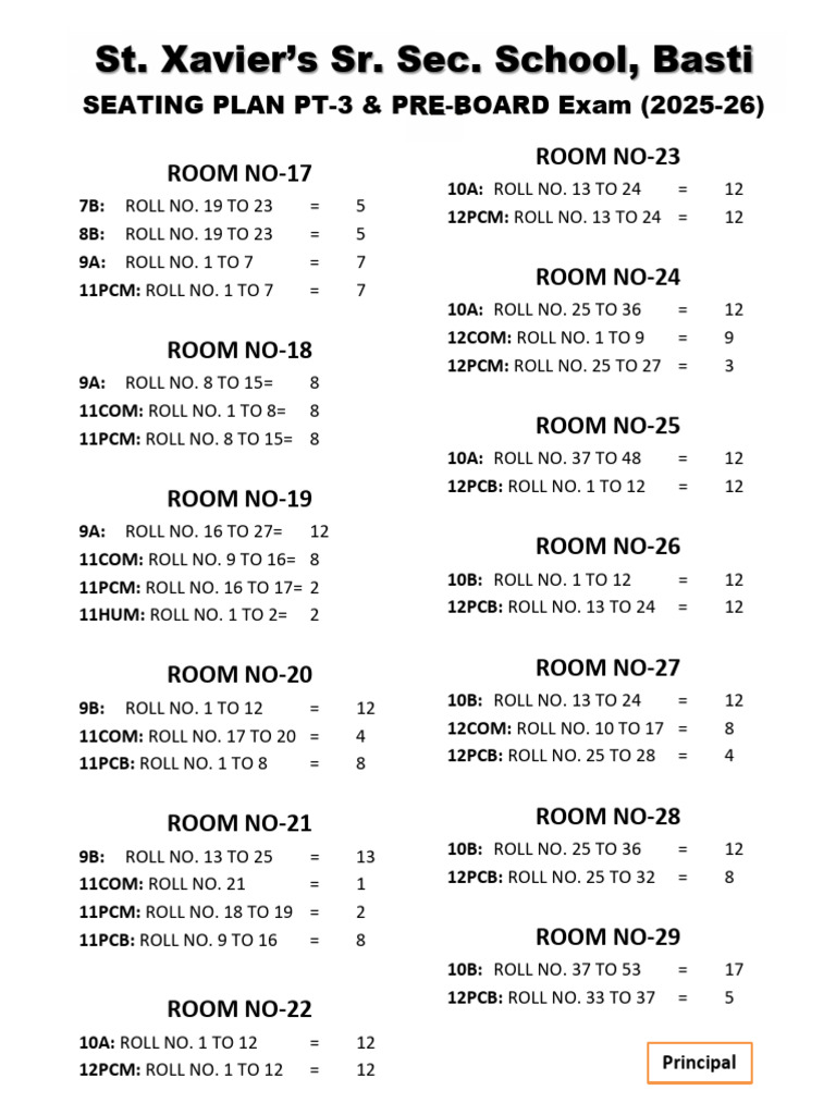 St. Xavier's School Seating Plan 2025-26 | PDF