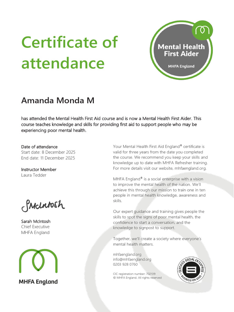 Mental Health First Aid Training Certificate of Attendance | PDF