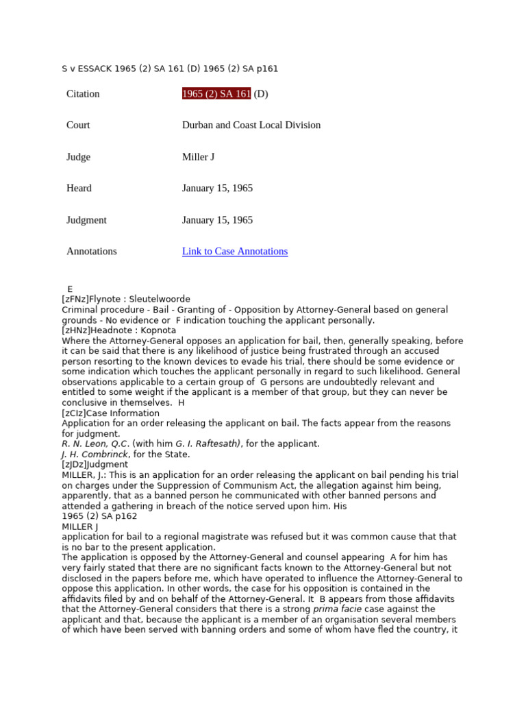 Bail Application Ruling in S v Essack | PDF | Bail | Criminal Procedure ...