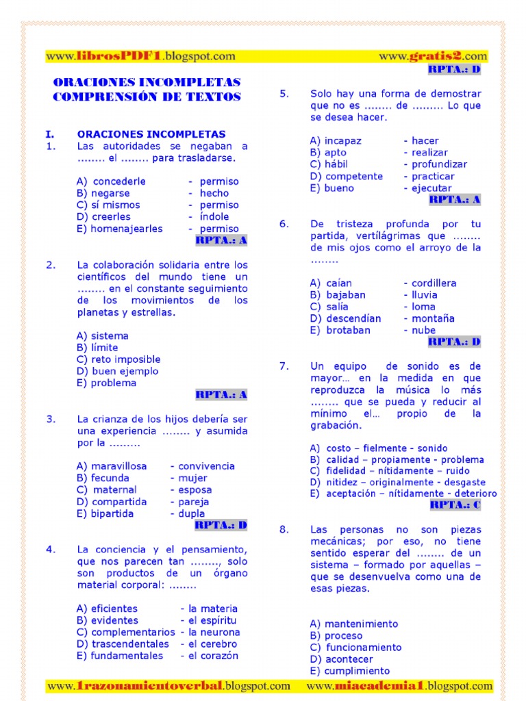 Oraciones Incompletas Ejercicios Resueltos | PDF