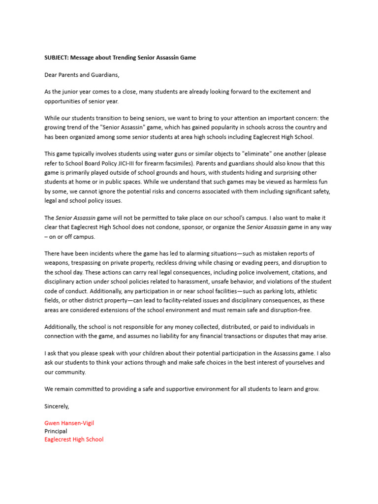 ConnectEd - Message about Trending Senior Assassin Game | PDF