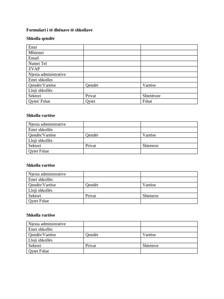 Formulari i Të Dhënave Të Shkollave | PDF
