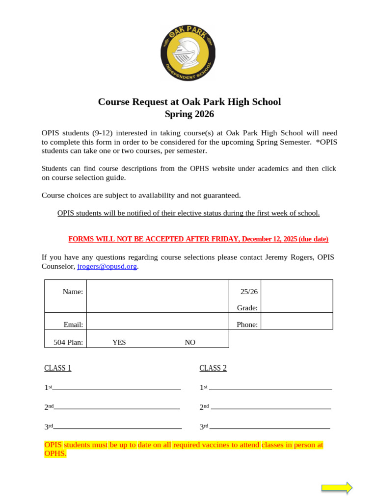 OPHS Elective Request Form (Spring 2026) | PDF