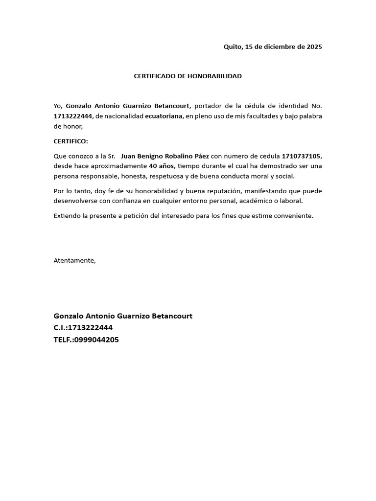 Certificado de Honorabilidad Juan Robalino | PDF