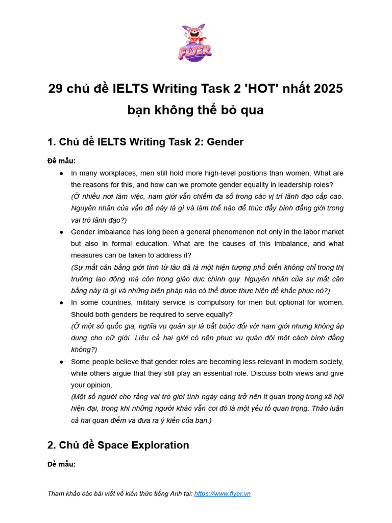 29 Chu de IELTS Writing Task 2 HOT Nhat 2025 | PDF