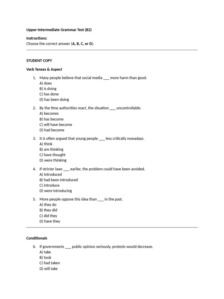 Grammar Test | PDF | Syntax | Linguistics