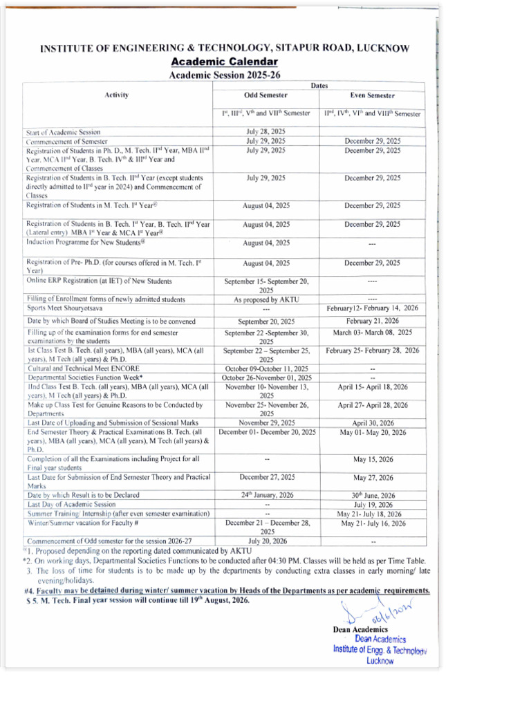 Academic Calendar 2025-26 - Institute of Engineering & Technology ...