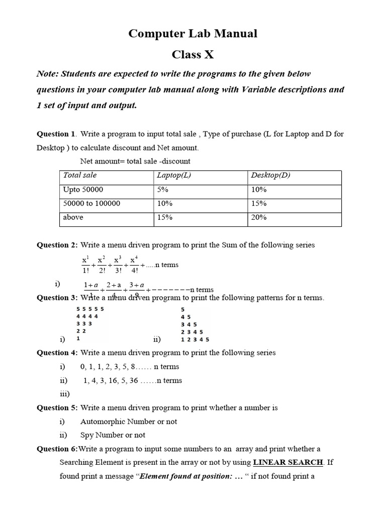 Class X Computer Lab Programming Tasks | PDF | Parameter (Computer ...