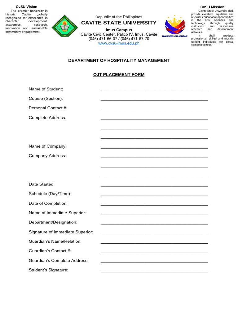 Cavite State University OJT Placement Form | PDF
