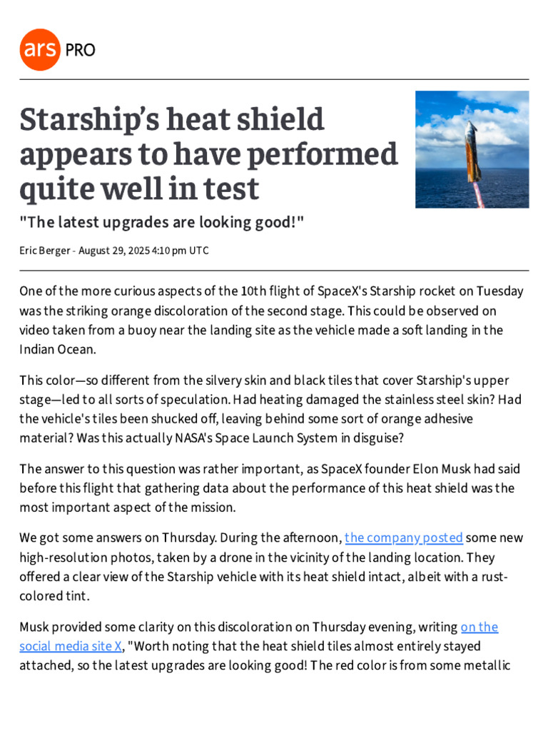 Starship Heat Shield Test Results 2025 | PDF | Space X | Aerospace ...