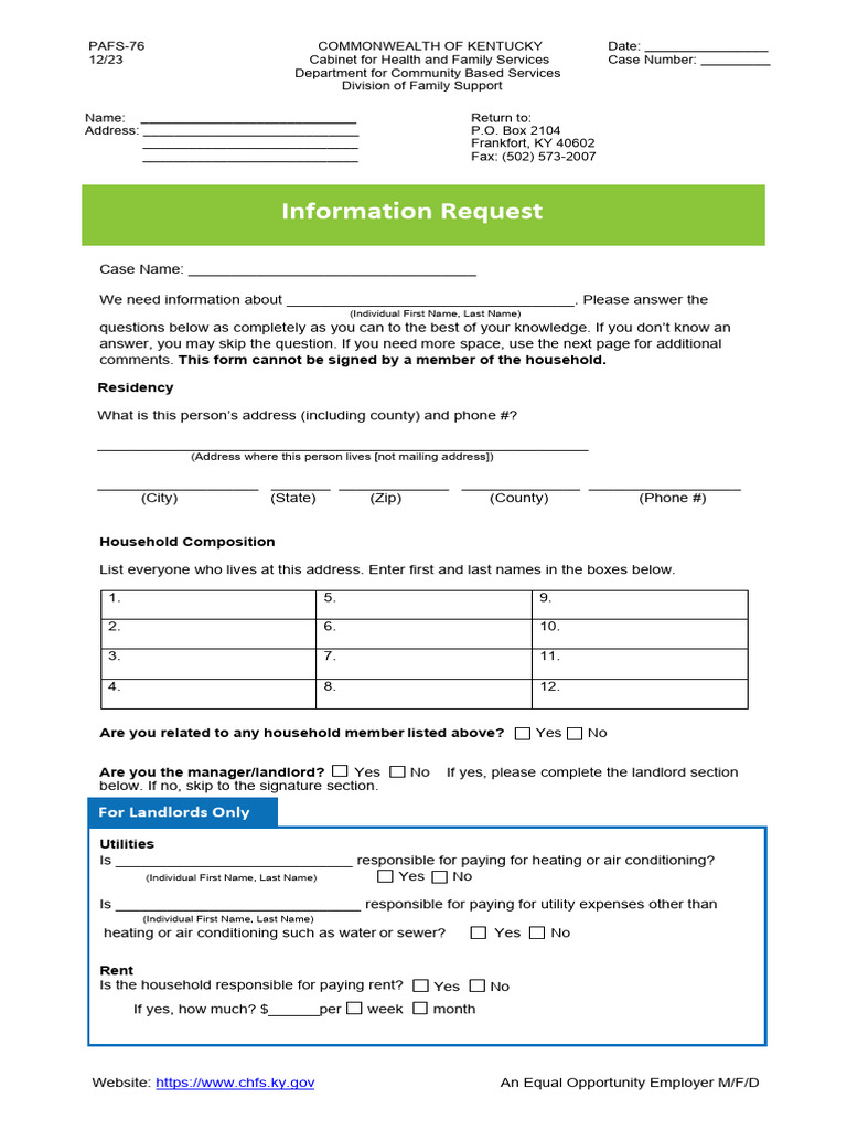 Kentucky Family Support Information Form | PDF | Section 8 (Housing ...